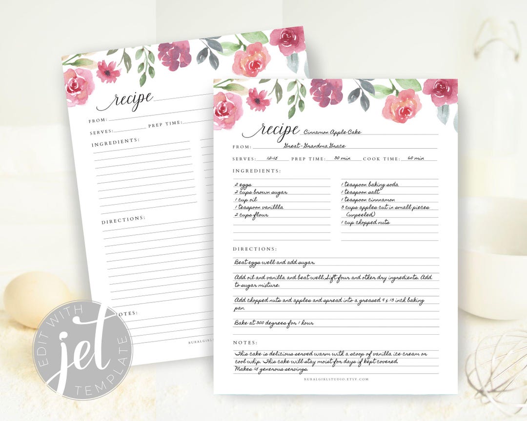 Watercolor Floral and Recipe Template, Printable Recipe Template ...