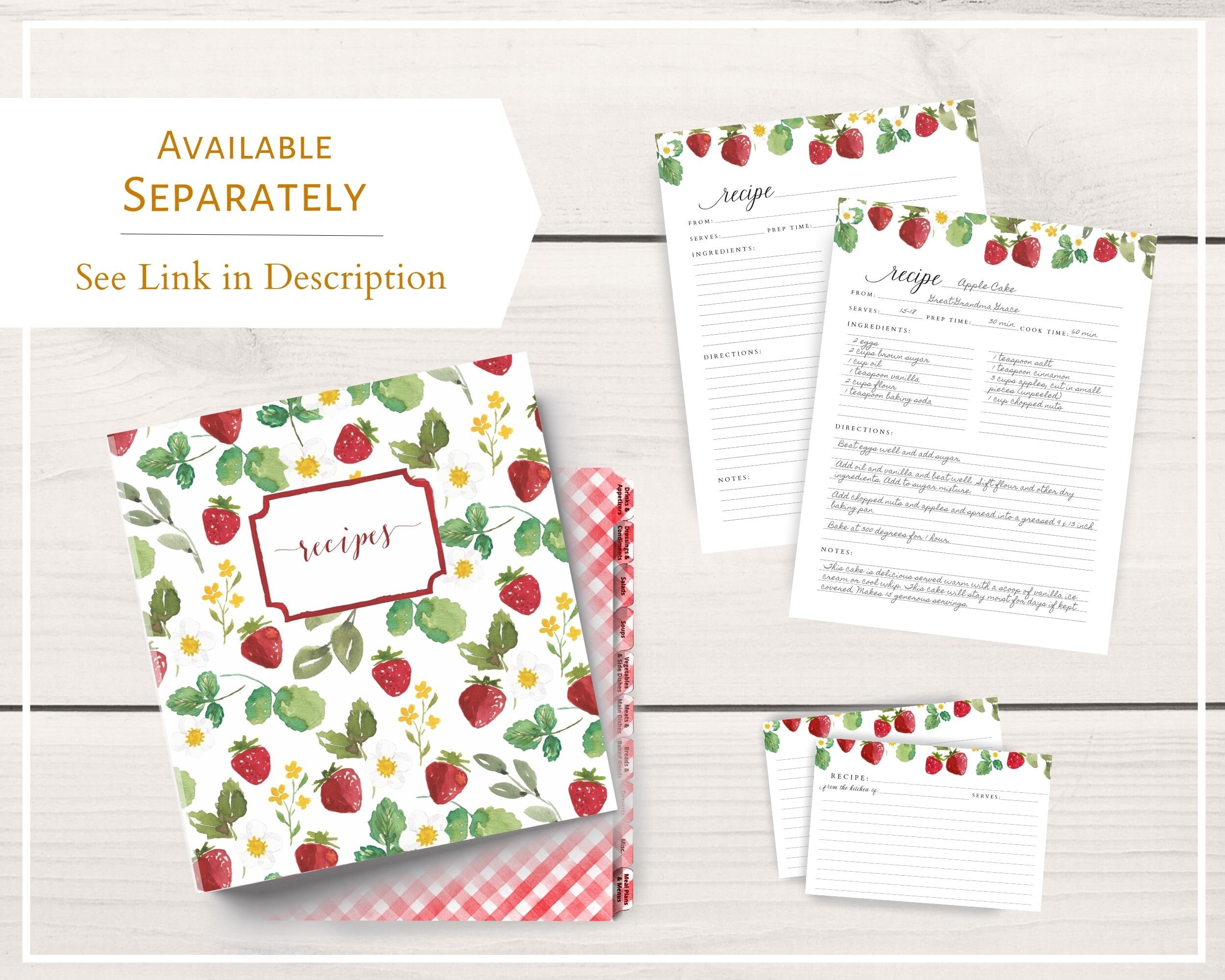 Watercolor Strawberry Recipe Cards | 3 Sizes: 5" X 7", 4" X 6", 3" X 5 ...