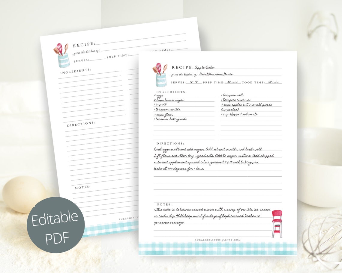 Editable Recipe Template Printable Recipe Template Recipe | Etsy