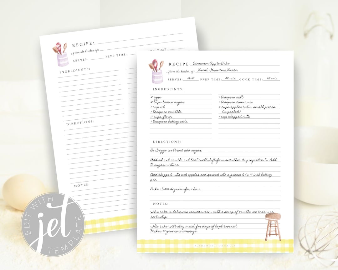 Cute Editable Recipe Template With Yellow Gingham Border, Printable ...