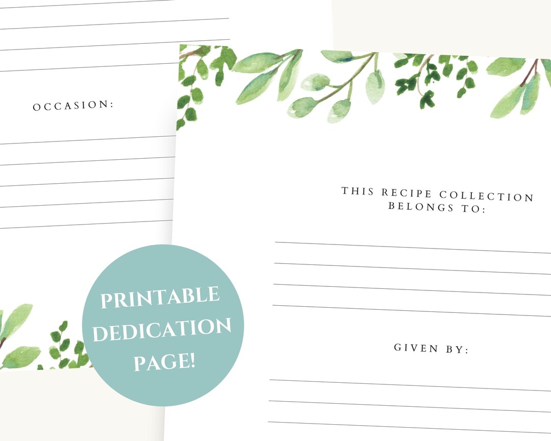 Printable Recipe Binder Dedication Page 8.5 X 11. Non Editable Pdf ...
