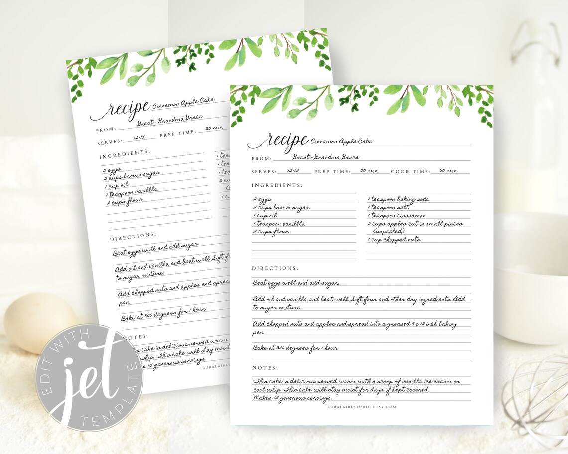 Watercolor Greenery Editable Recipe Template Printable Recipe - Etsy