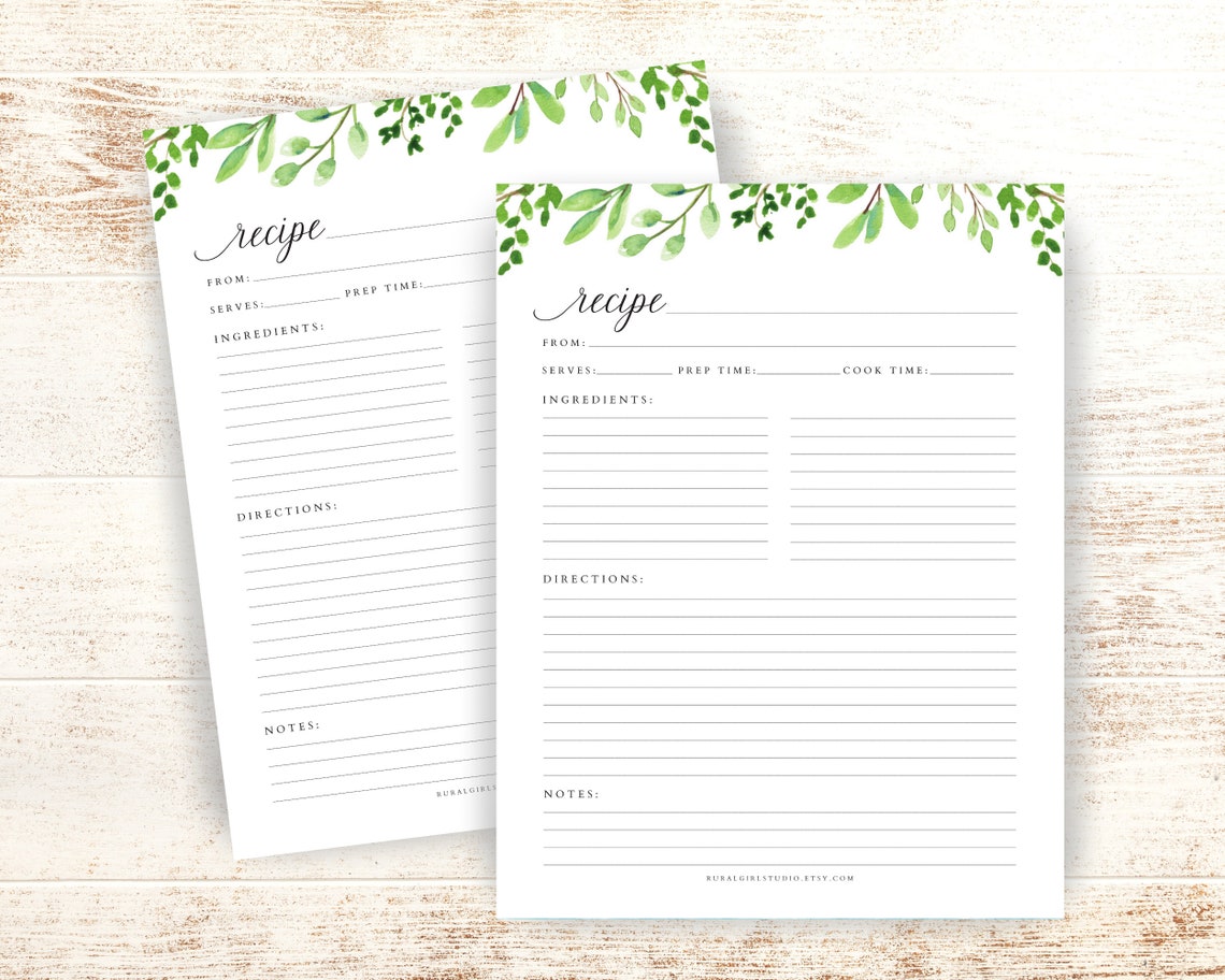 Watercolor Greenery Editable Recipe Template Printable Recipe - Etsy