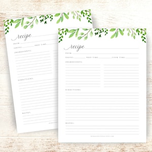 Watercolor Greenery Editable Recipe Template, Printable Recipe Template ...
