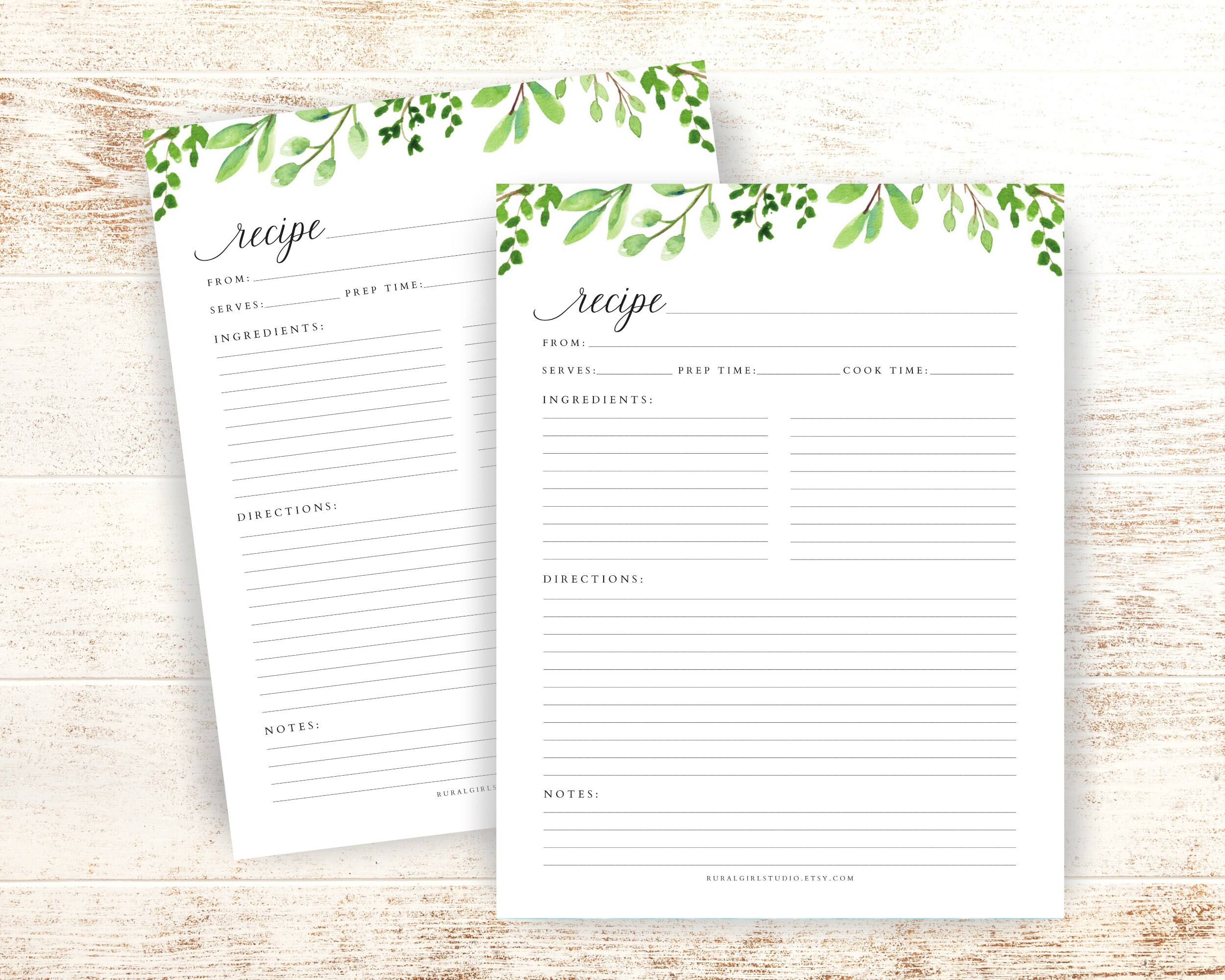 Watercolor Greenery Editable Recipe Template Printable Recipe - Etsy