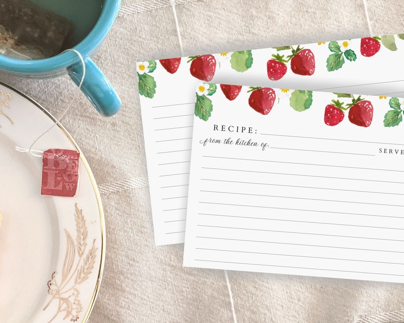 Watercolor Strawberry Recipe Cards | 3 Sizes: 5" X 7", 4" X 6", 3" X 5 ...