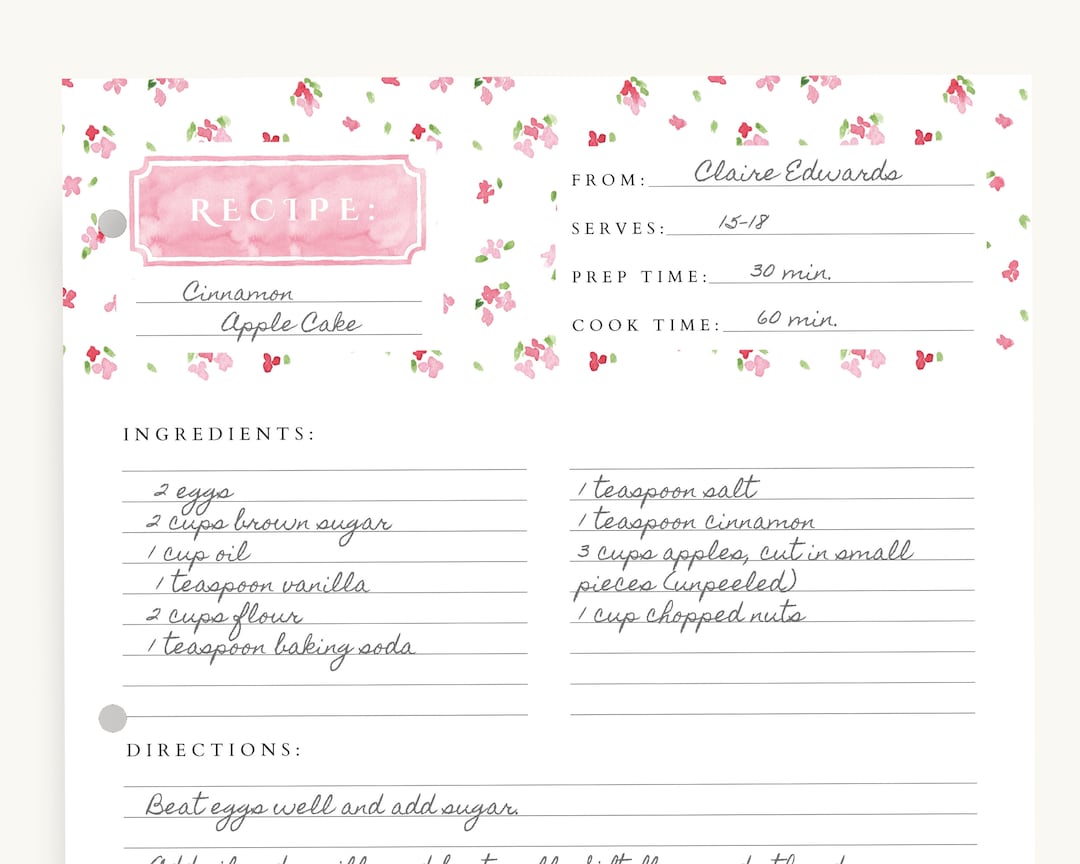 Recipe Binder Filler Paper Recipe Binder Pages, Full Size Recipe Page ...