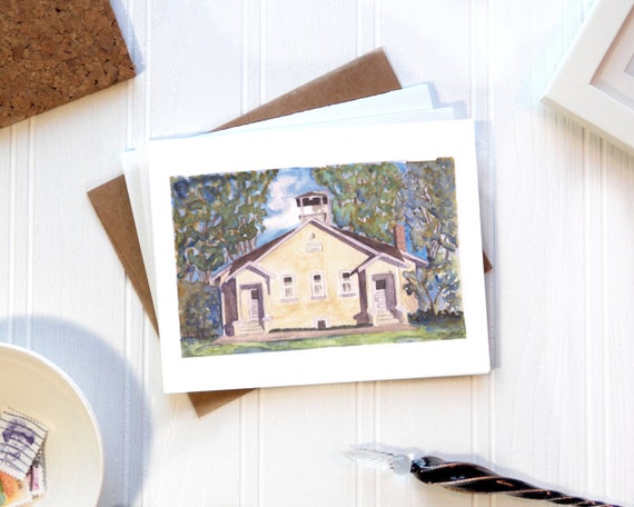 Watercolor Schoolhouse Note Card Set Hadaway School | Etsy