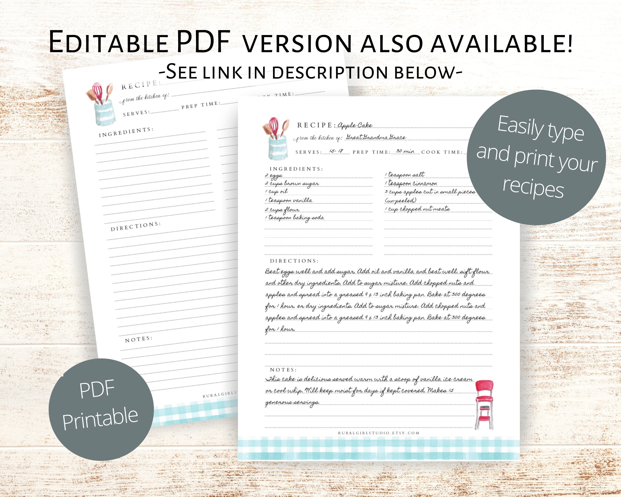 Recipe Binder Filler Paper With Watercolor Illustrations - Etsy