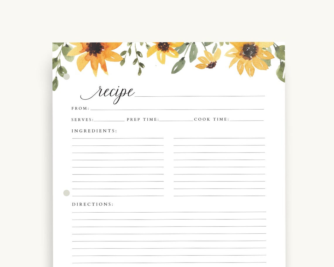 Recipe Binder Filler Paper - Yellow Floral Recipe Binder Pages, Full ...