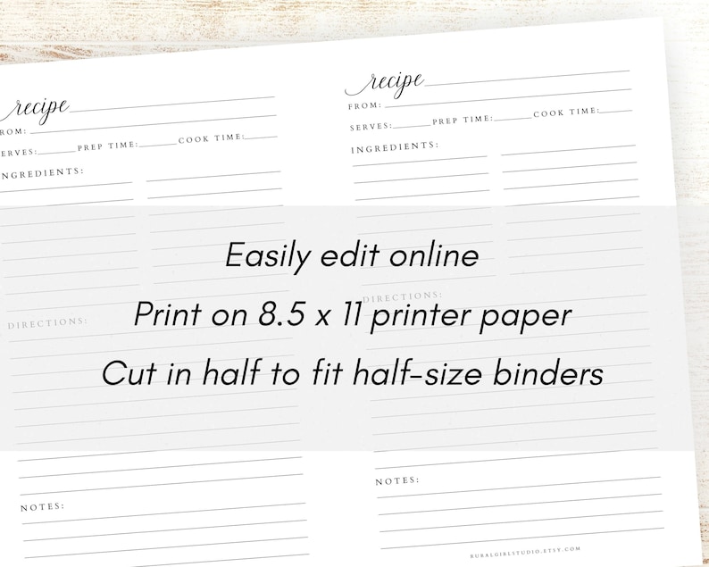 Half-size Editable Recipe Template Printable Recipe Template - Etsy