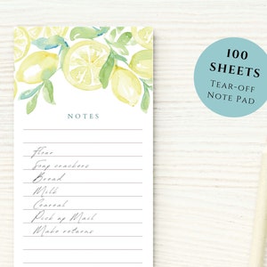 Watercolor Lemons Note Pad - Skinny Note Pad - Size: 2.75" X 8.5" - 100 ...