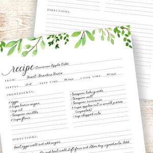 Watercolor Greenery Editable Recipe Template, Printable Recipe Template ...