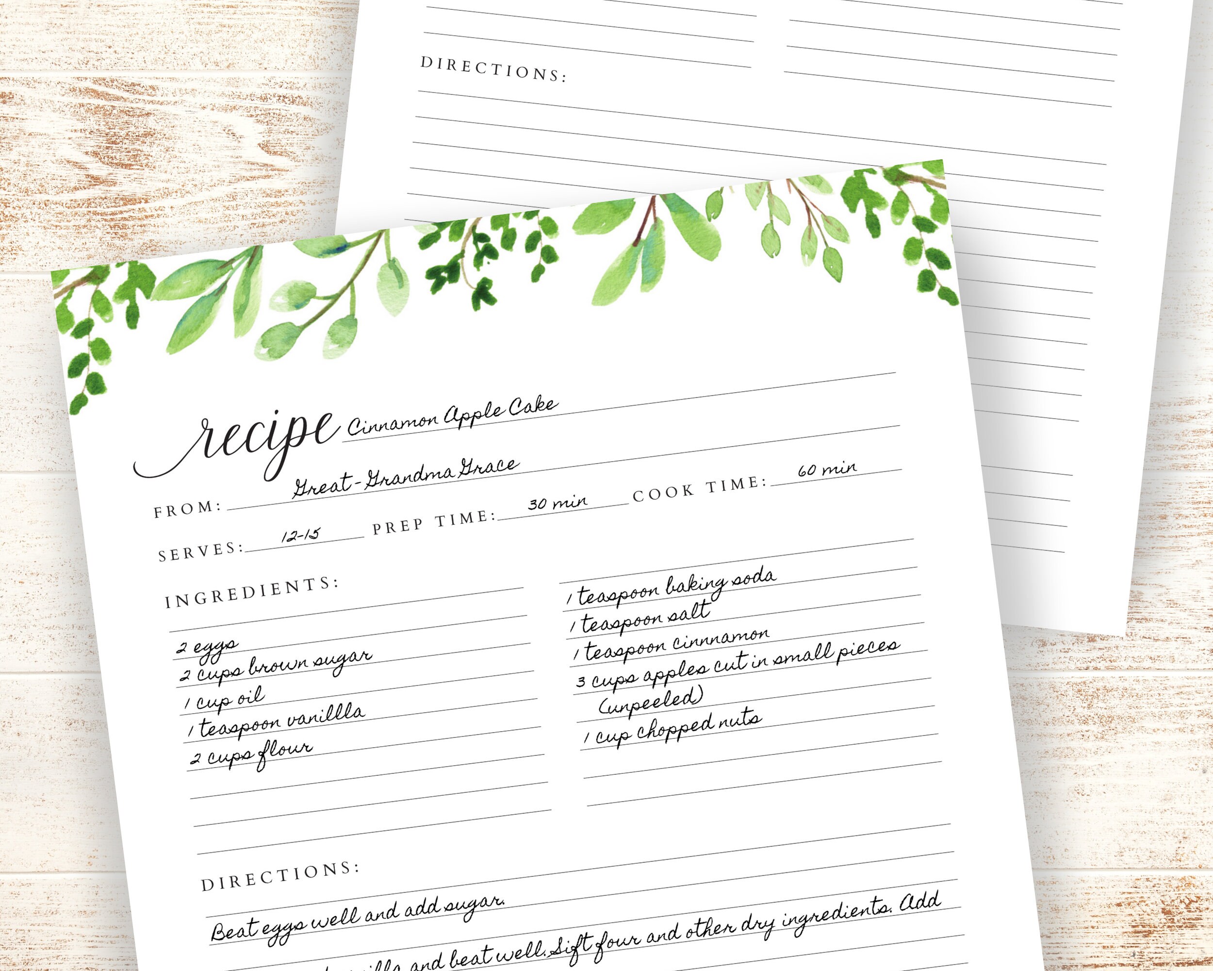 Watercolor Greenery Editable Recipe Template Printable Recipe - Etsy