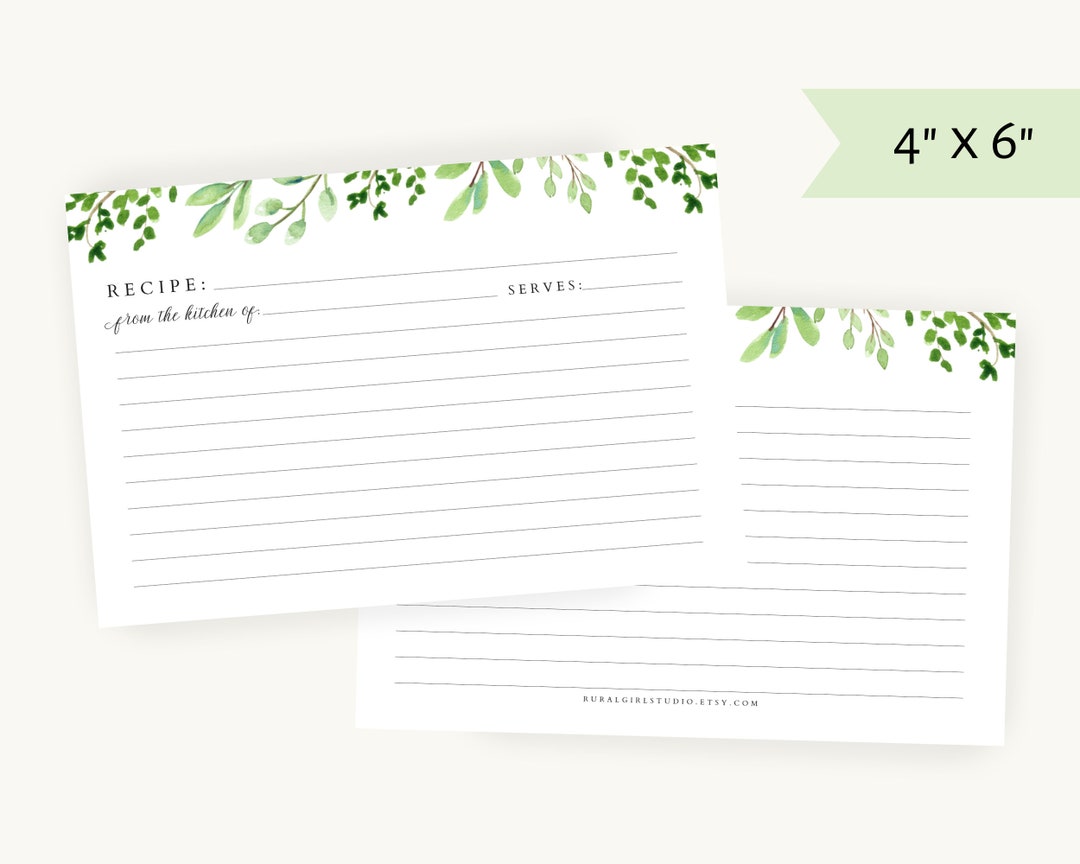 Watercolor Greenery Recipe Cards 4x6 | Minimalist Recipe Cards - Etsy
