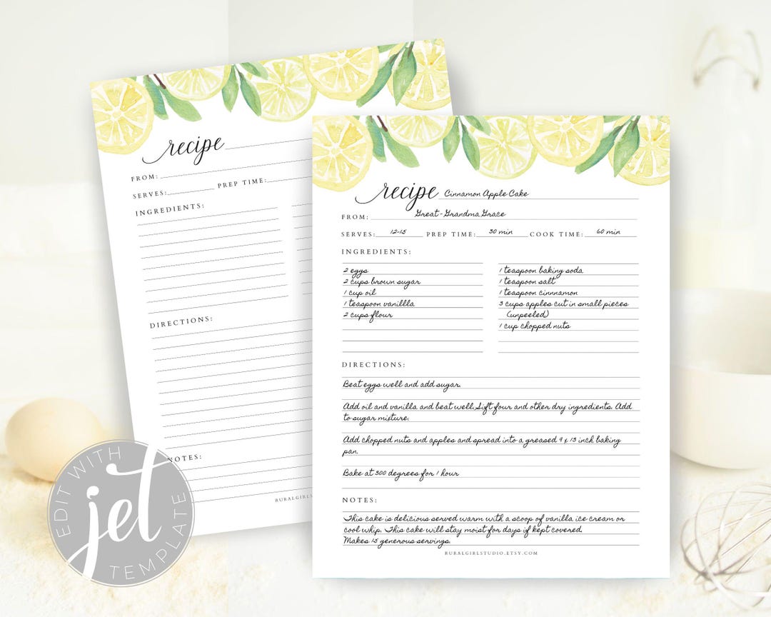 Lemon Greenery Editable Recipe Template, Printable Recipe Template ...