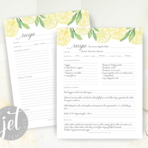 Lemon Greenery Editable Recipe Template, Printable Recipe Template ...