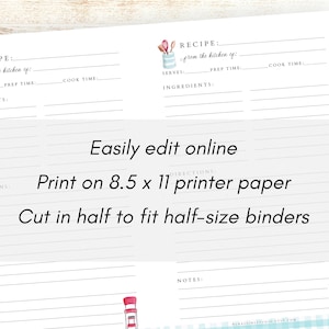 Half-size Editable Recipe Template, Printable Recipe Template, Mini ...