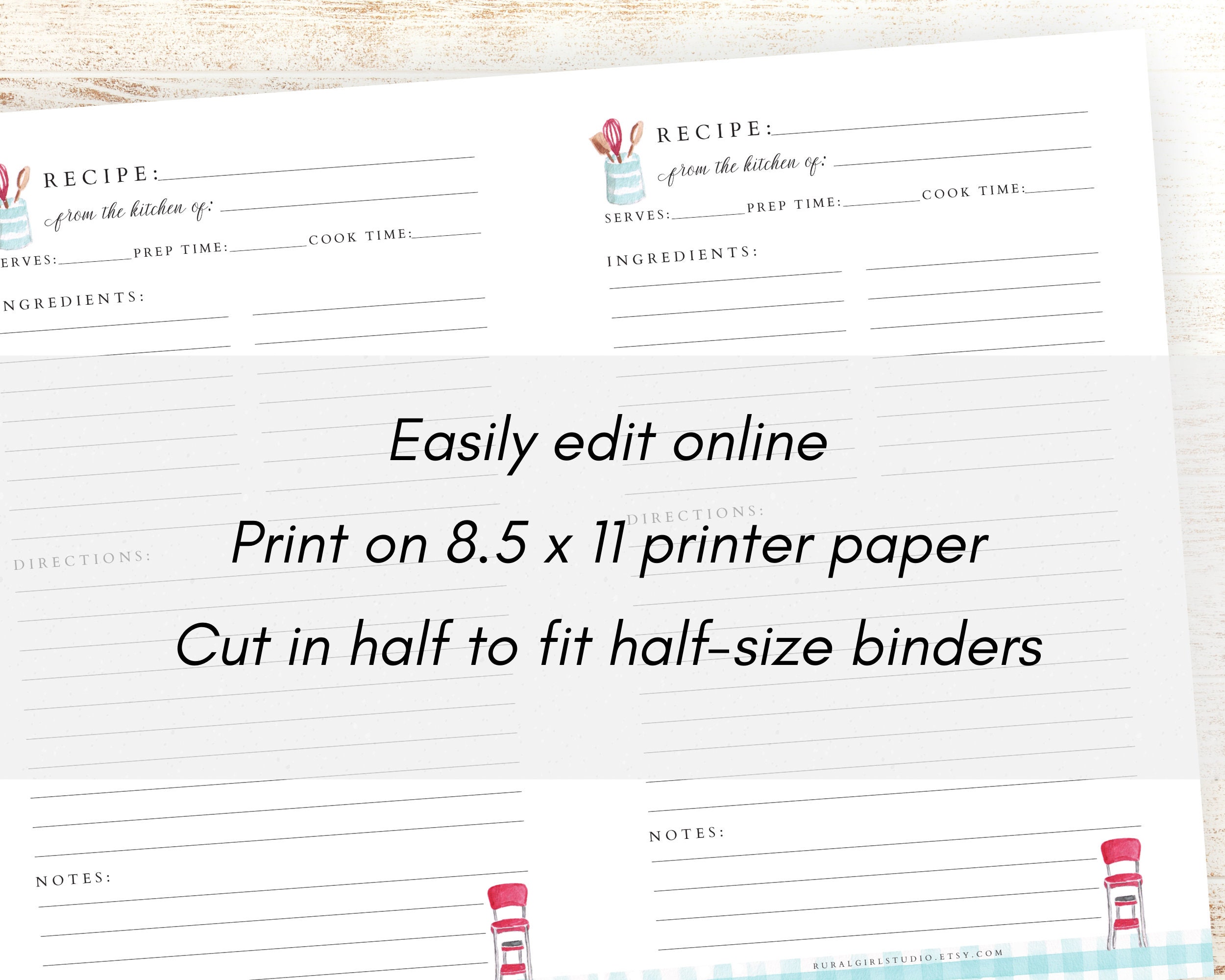 Half-size Editable Recipe Template Printable Recipe Template | Etsy