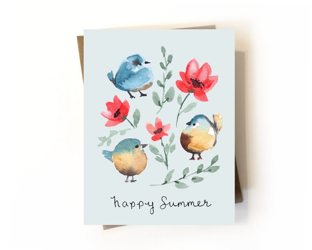 Happy Summer Note Cards | Watercolor Floral With Birds | Cute Summer ...