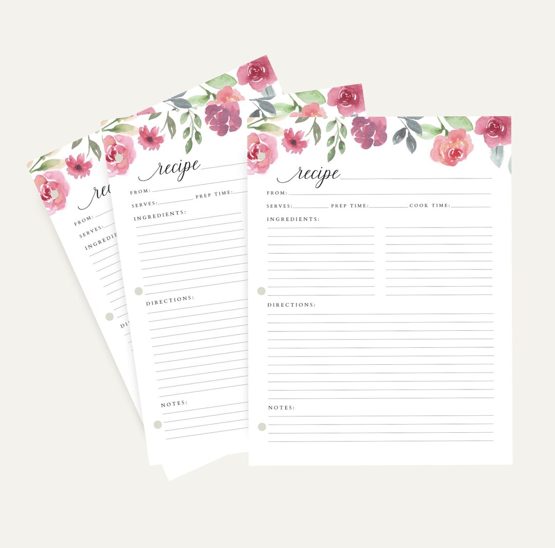 Recipe Binder Filler Paper - Watercolor Floral Recipe Binder Pages ...