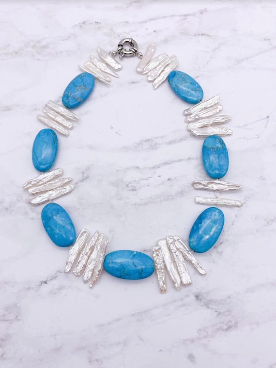 Fresh Water Tooth Shaped Pearl & Turquoise Colored Be… - Gem