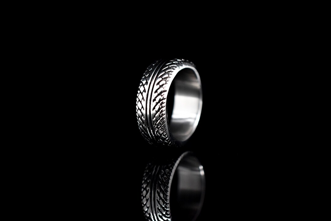 Treadwear Rings, Stainless Steel Silver Ring, Wheel, Tire, Etched Band ...