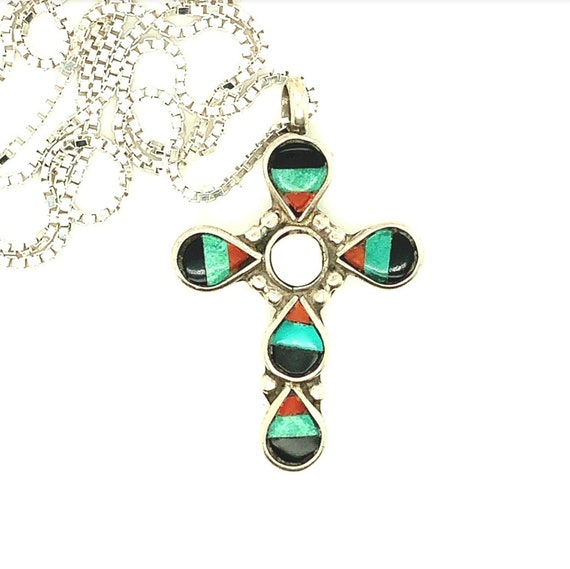 Zuni Inlay Cross Pendant/Necklace, Native American Zu… - Gem