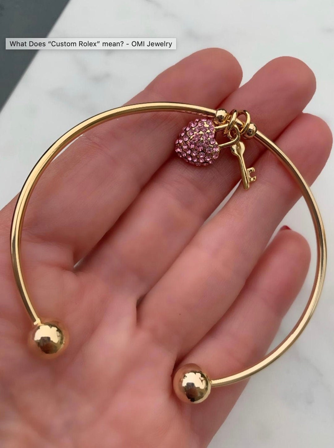 Pink Heart and Key Cubic Zirconia Charm Cuff Bracelet, Gold Toned, Non ...