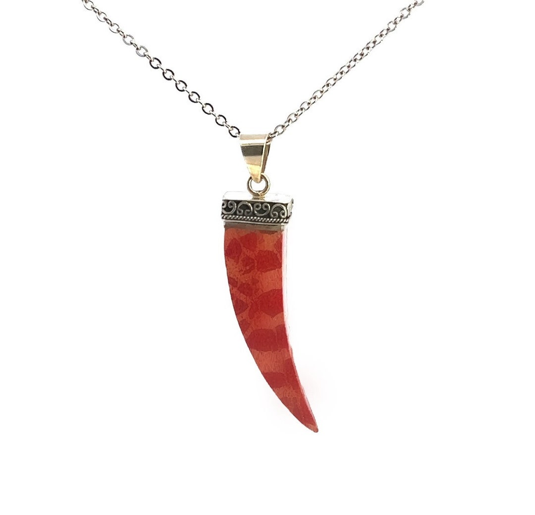 Red Coral Tribal Tooth, Coral & Sterling Silver Pendant, Bamboo Coral ...