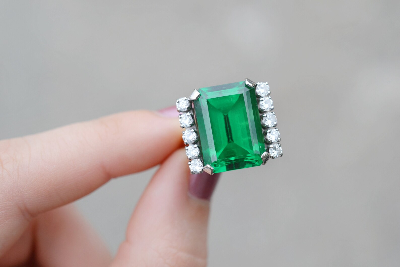 14K White Gold Simulated Emerald and CZ Ring Faux Emerald and | Etsy