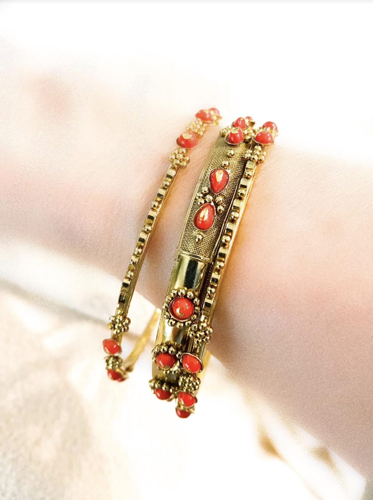 Vintage Colored Bangle Bracelets, Coral & Gold Colored Stacking ...