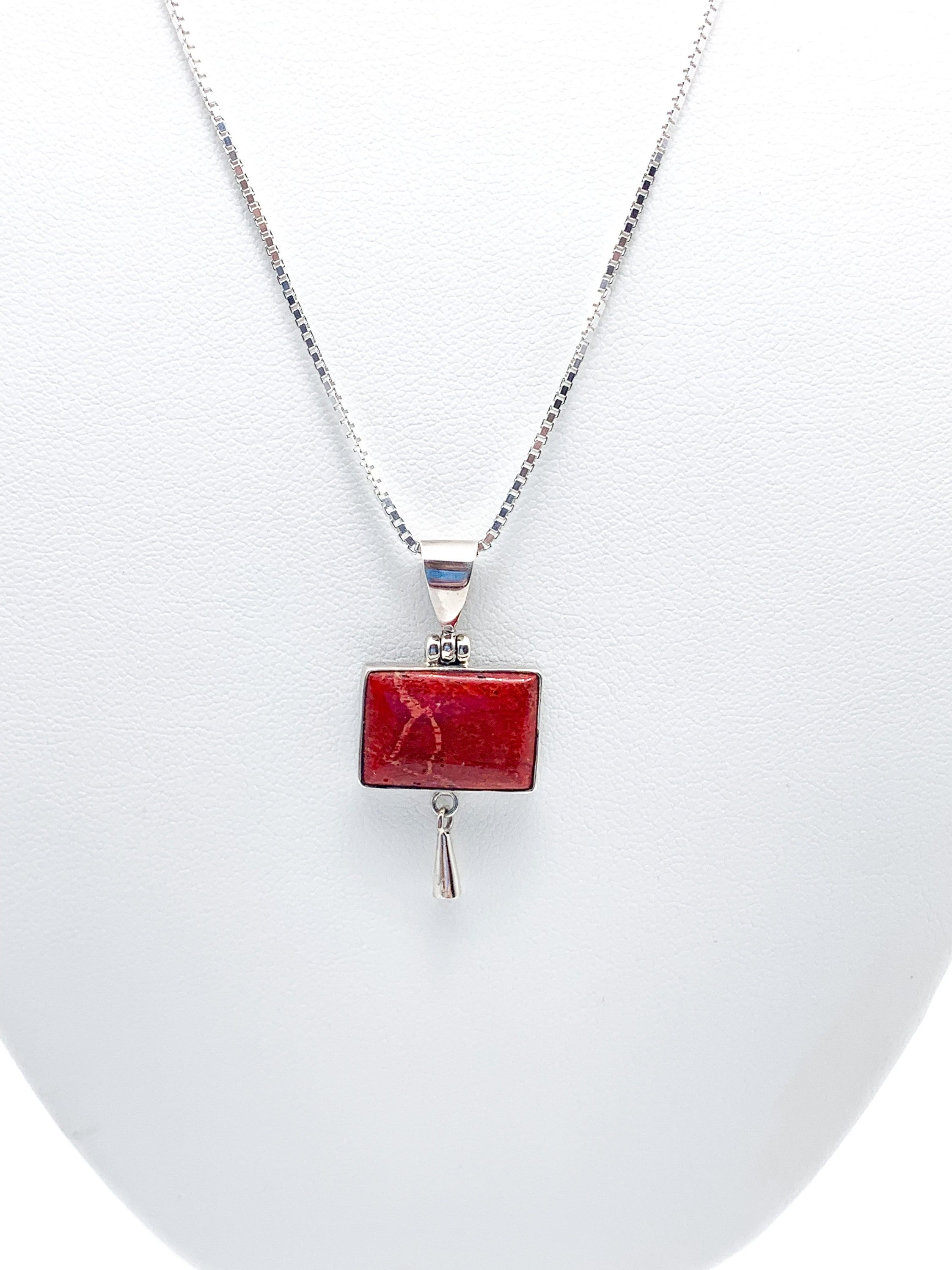 Red Coral Sterling Silver Necklace, Rectangle Red Coral Pendant, Ocean ...