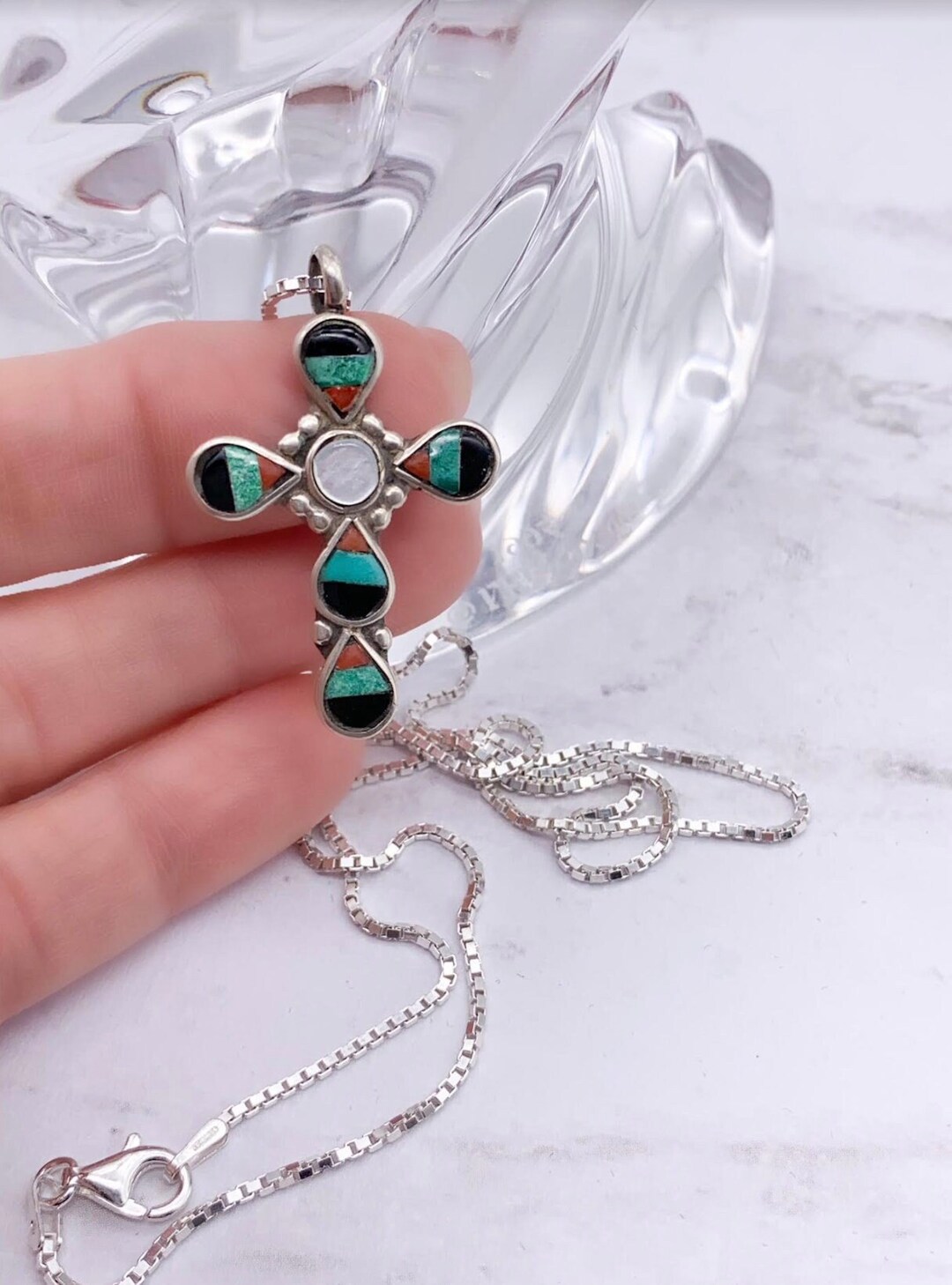 Zuni Inlay Cross Pendant/necklace, Native American Zuni Inlay Sterling ...