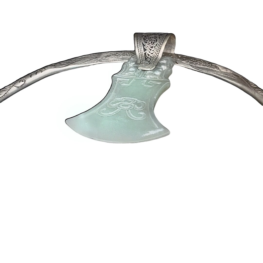 Jade Choker Necklace, Ice Green Carved Jade Pendant, Etched Sterling ...
