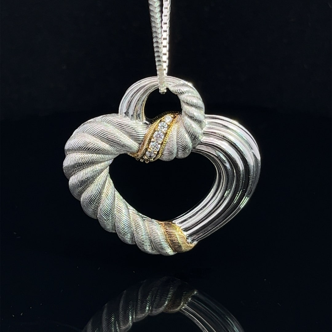 Judith Ripka Sterling Silver & 18 K Gold Overlay Heart Pendant, Vintage ...