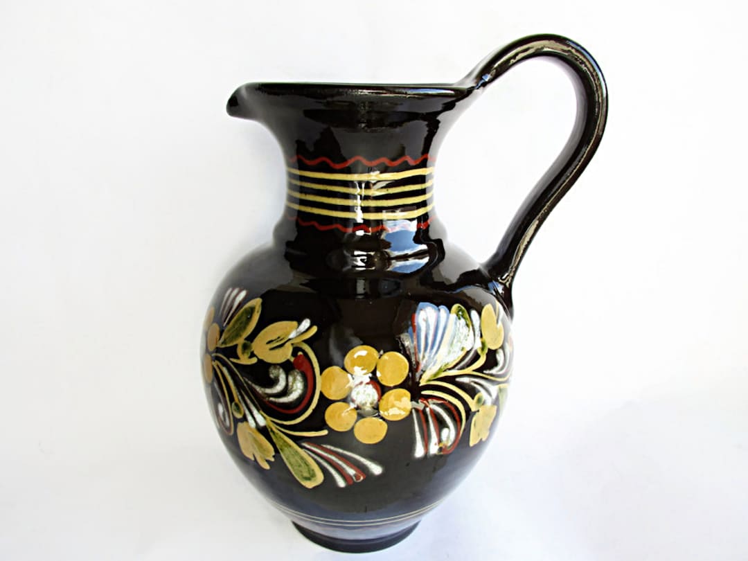 Large Vintage Rustic Black Pottery Pitcher With Hand Painted Flowers ...