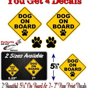 4 Decal Set - 2 DOG on Board Decals and 2 Paw Prints Yellow Diamond ...