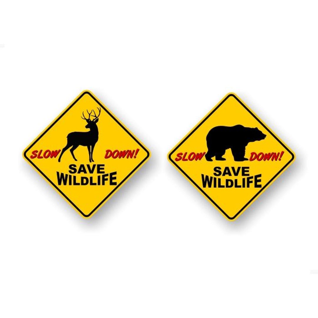2 SLOW DOWN Save Wildlife 7" Decals Yellow Diamond Car Sticker Caution ...