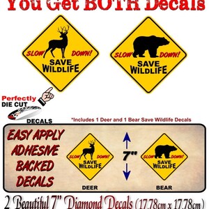 2 SLOW DOWN Save Wildlife 7" Decals Yellow Diamond Car Sticker Caution ...