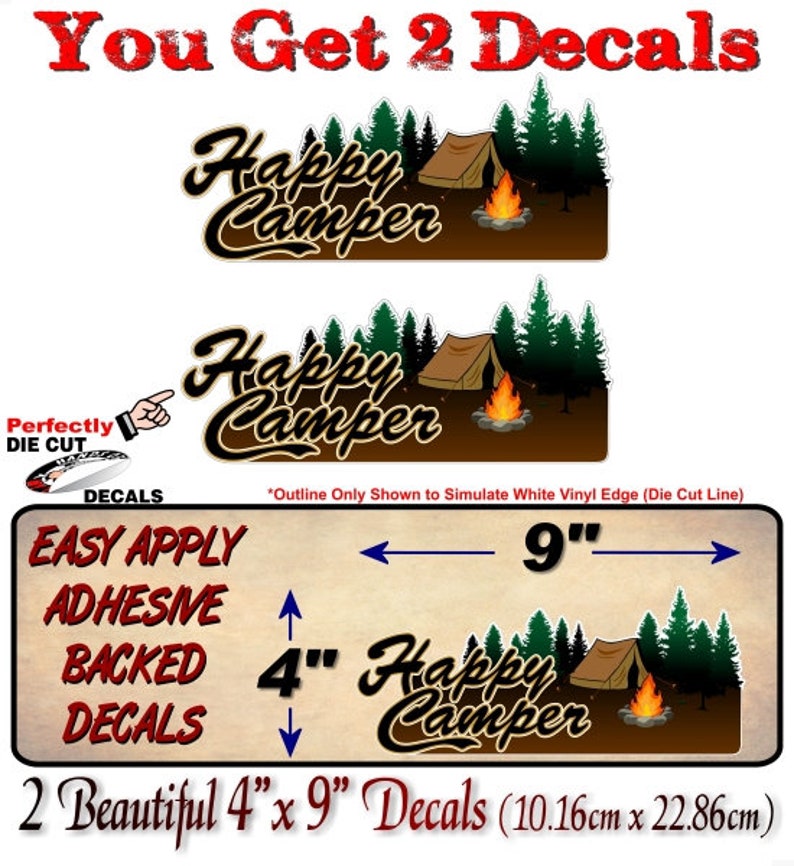 2 Happy Camper 9'' Vinyl Decals Camping Tenting Campsite Backwoods Camp ...