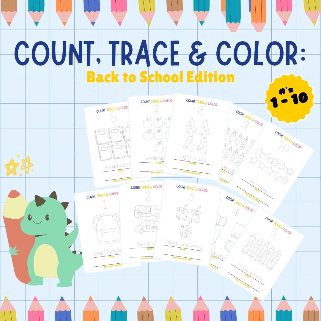 Count, Trace, and Color 1-10 PDF, Back to School Worksheet, Printable ...