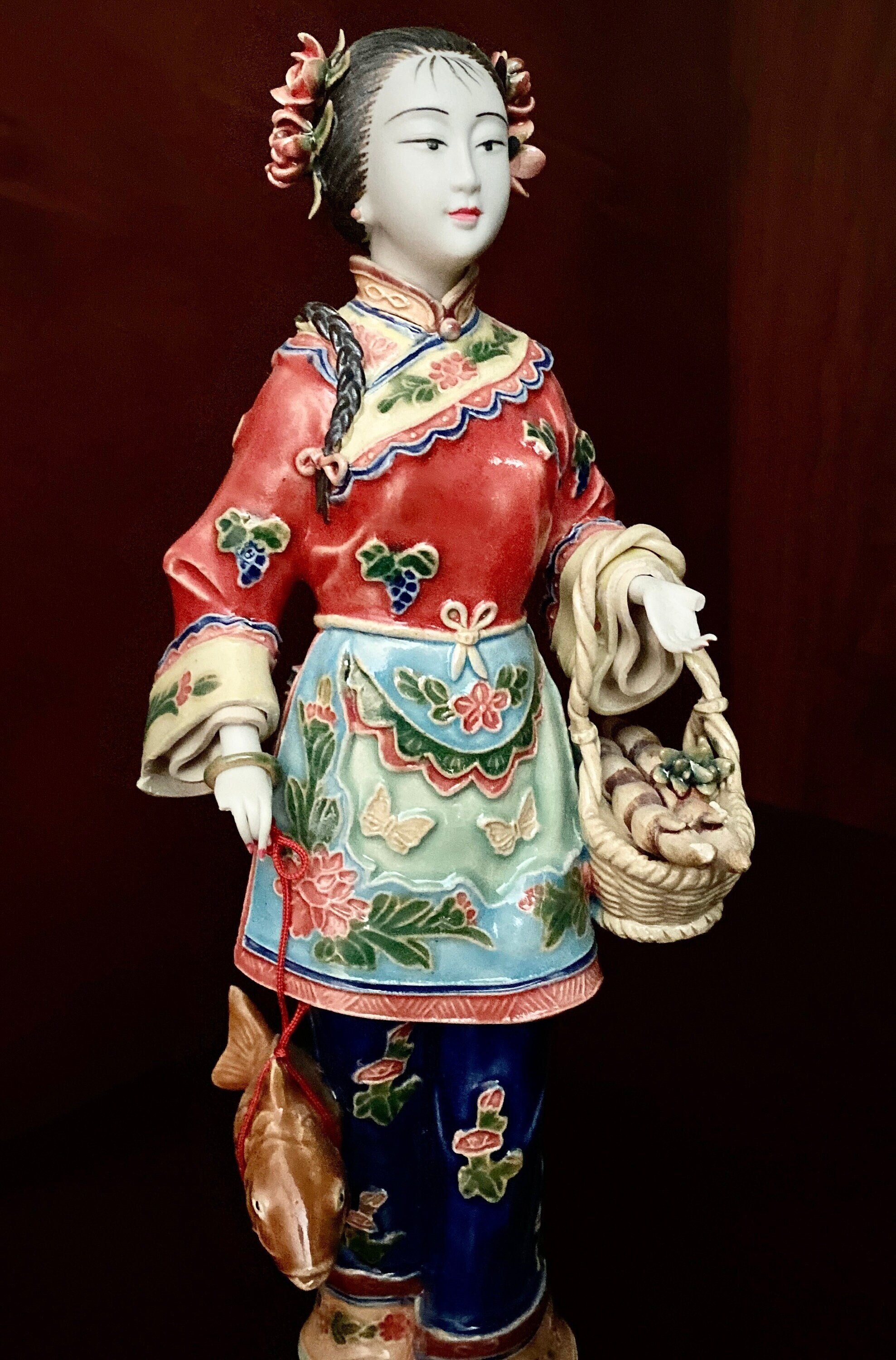 Vintage Chinese Figurine Lady in Qing Style Clothing W Fish & Basket - Etsy