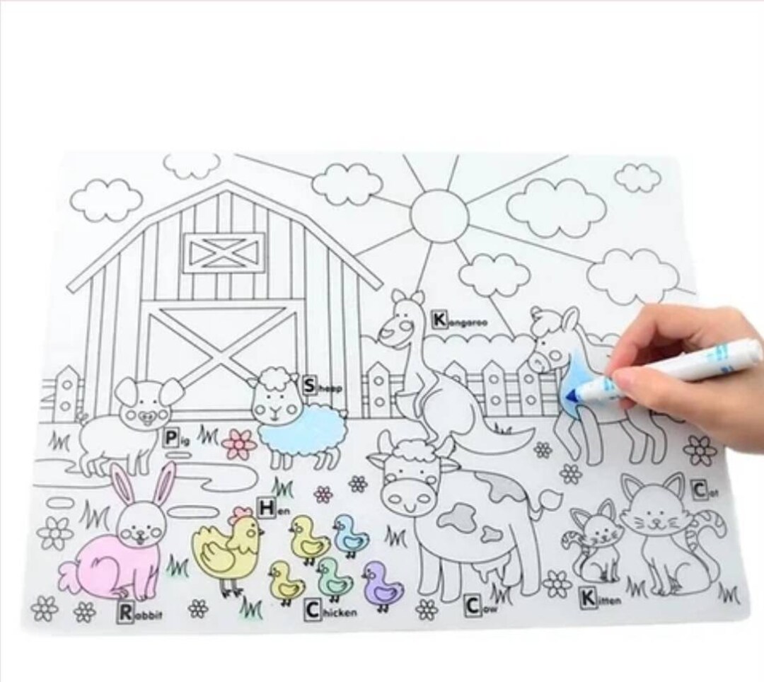 Silicone Colouring Placemat Farmyard Animals Colour Wipe Clean and ...