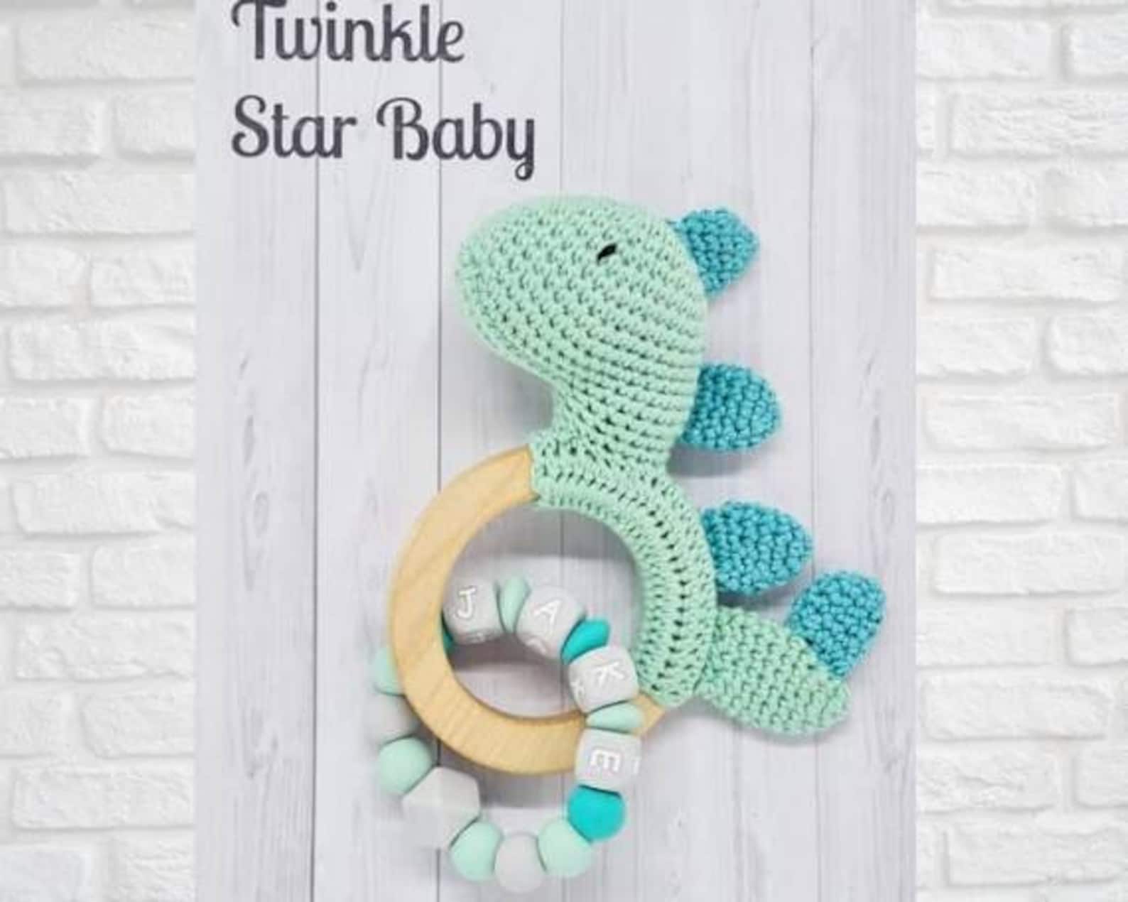 Personalised Crochet Dinosaur Rattle Birth Sensory Green - Etsy UK