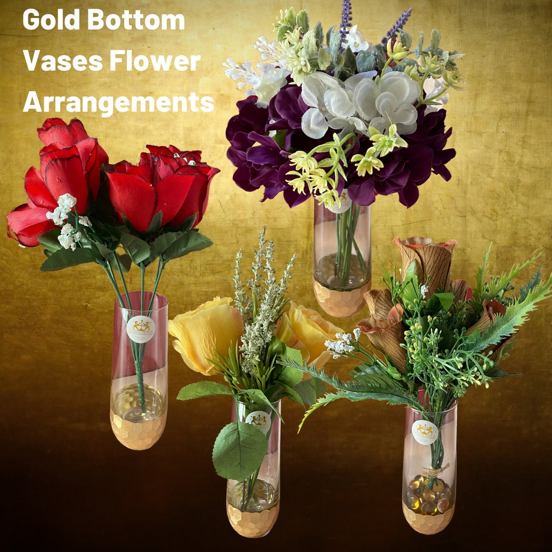 Gold Bottom Vases With Quality Silk Flowers, Red Gold and Yellow Roses ...
