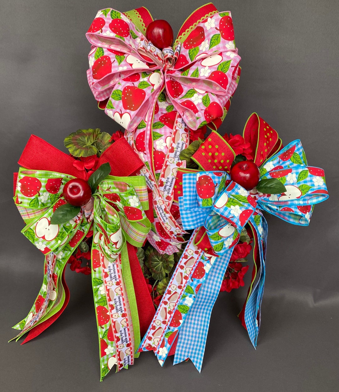 3 Colors Apple Bows, Pink, Green, Blue, Lantern Swag Topper Bow, Front ...