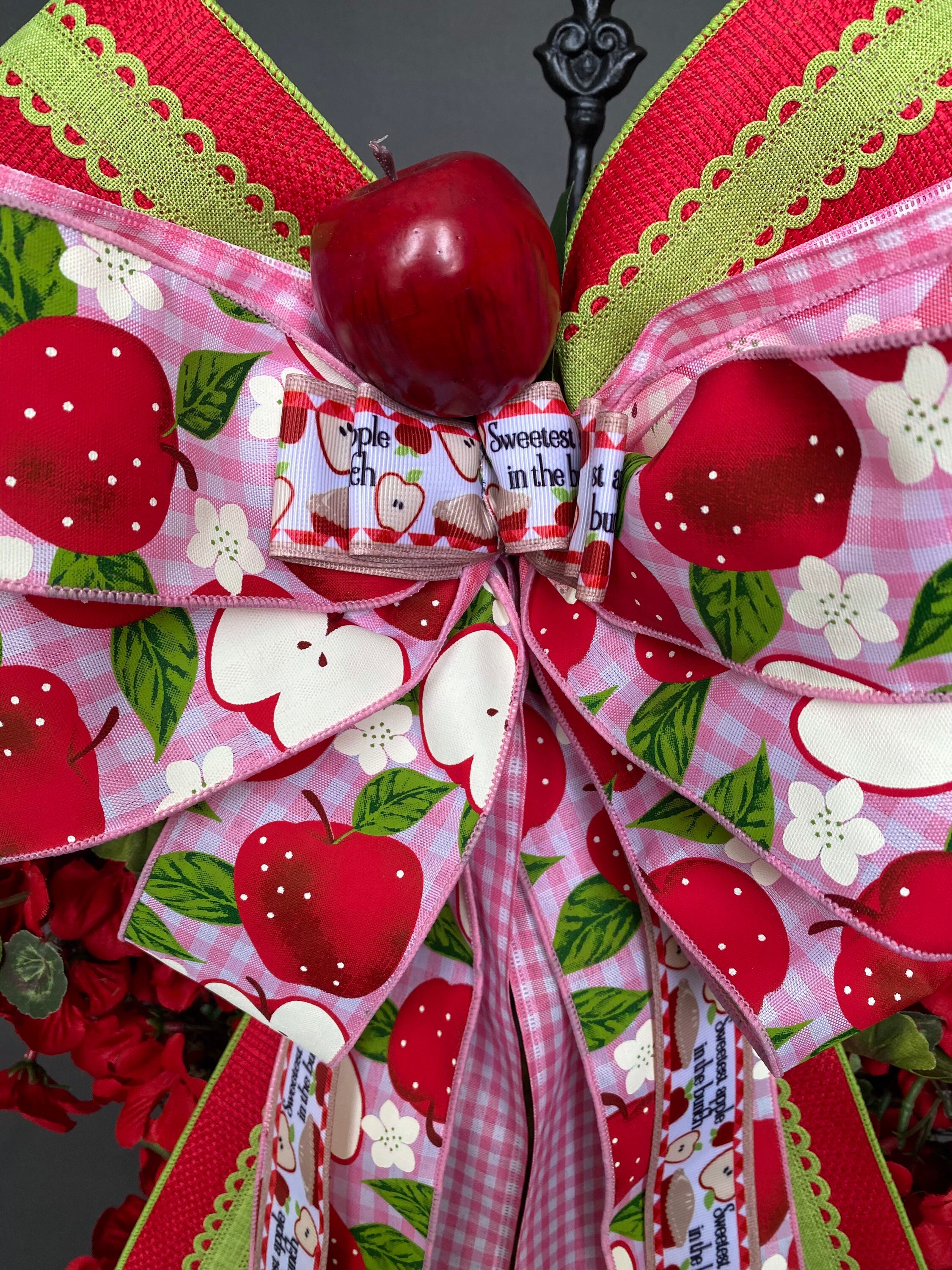 3 Colors Apple Bows, Pink, Green, Blue, Lantern Swag Topper Bow, Front ...