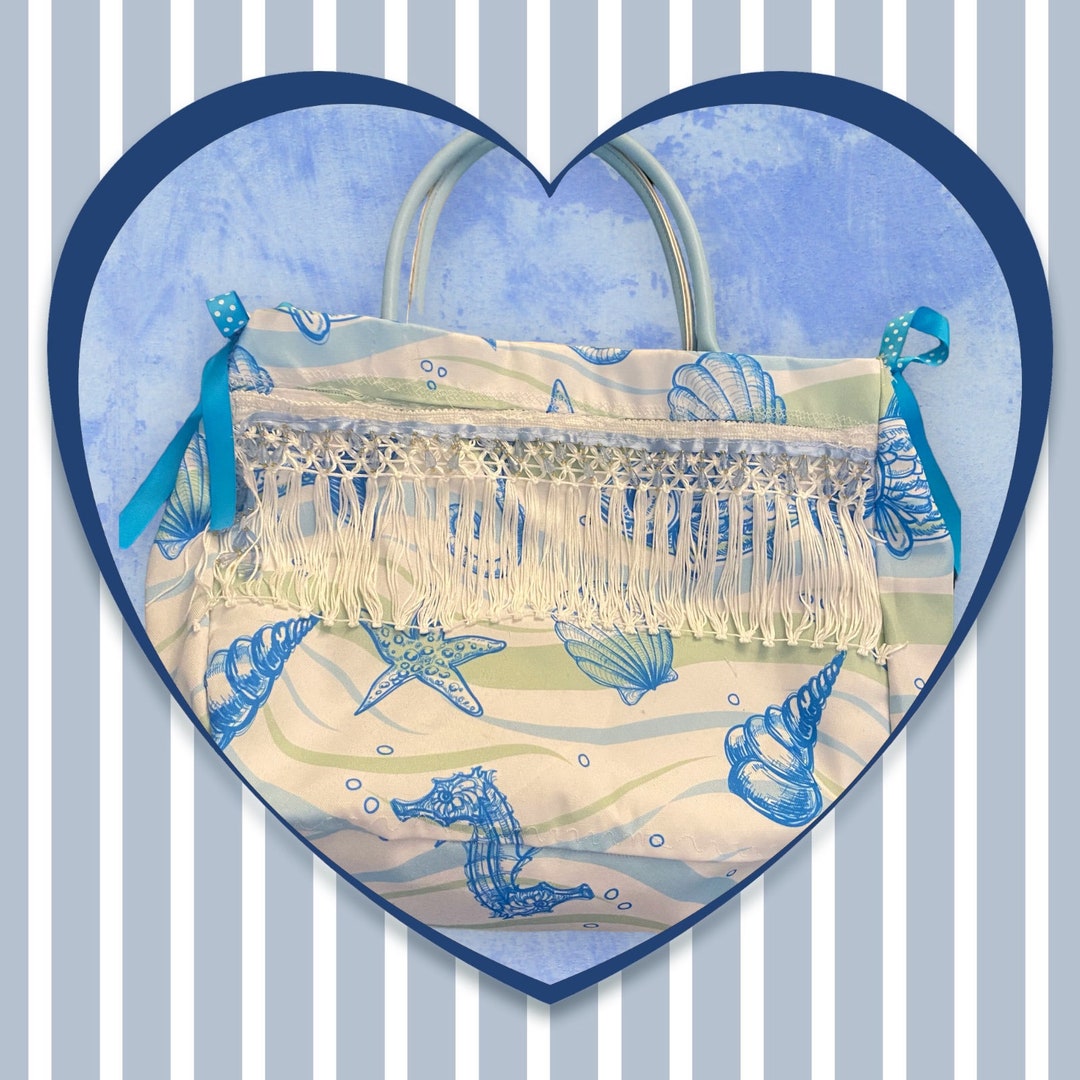 Sea Shore Beach Fish, Shells, Seahorse, Large Bag With Leather Handles ...