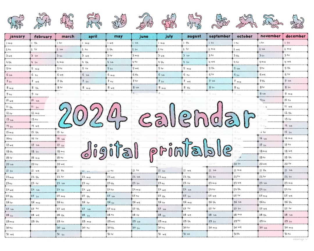 2024 Yearly Calendar cats Digital Printable - Etsy